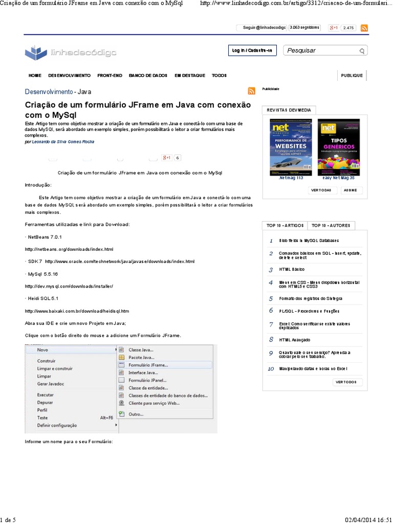 Criação de Um Formulário JFrame em Java Com Conexão Com o MySql PDF ...