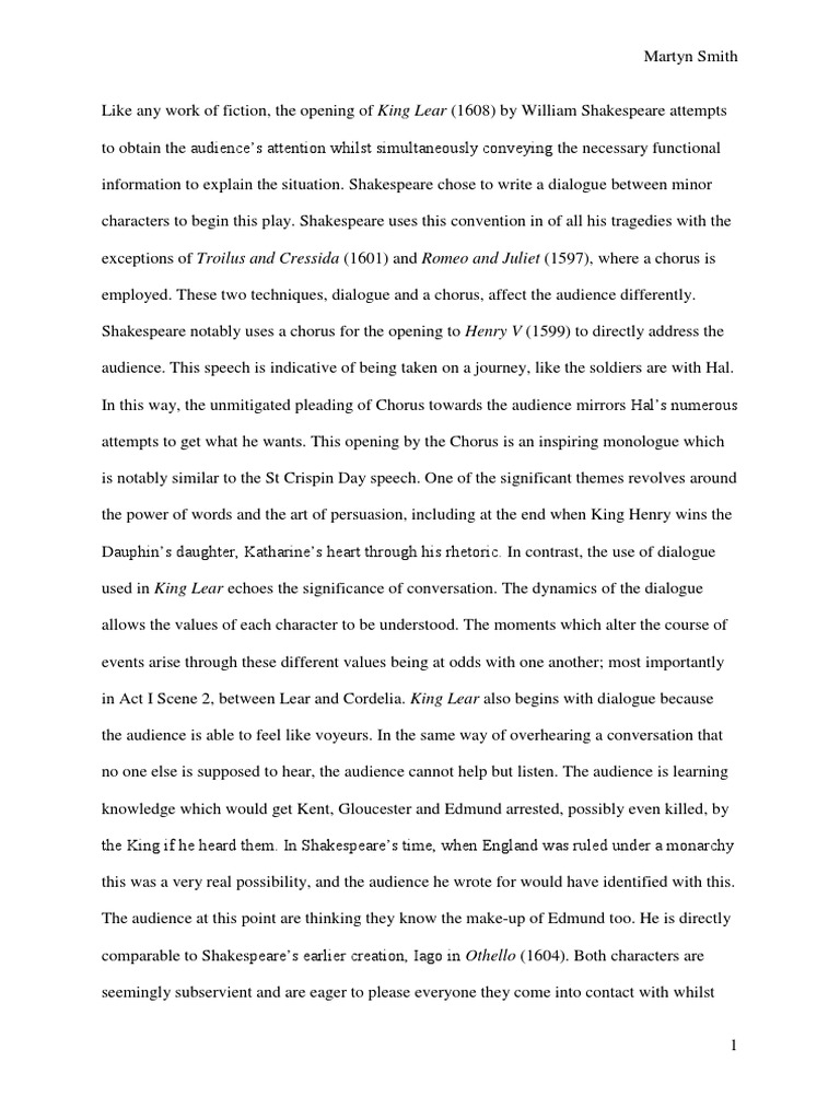 King Lear Act I Scene 1 Critical Analysis | PDF | King Lear | Shylock