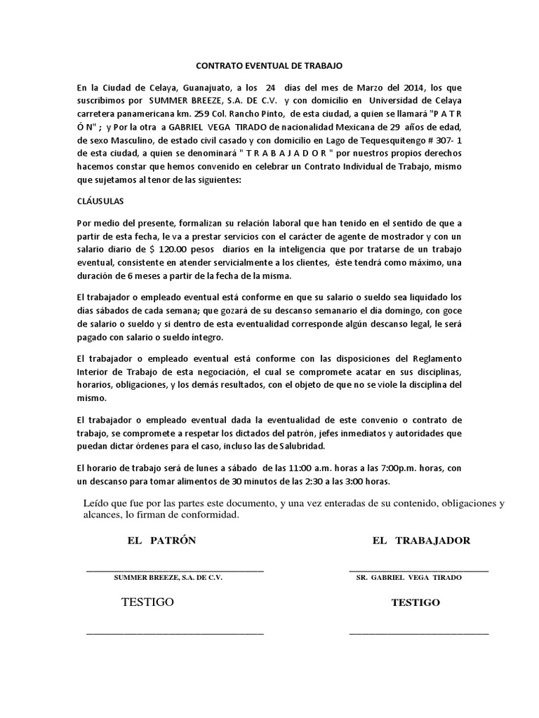 Contrato Eventual de Trabajo Derecho Goyo Luis | PDF | Sindicato | Salario