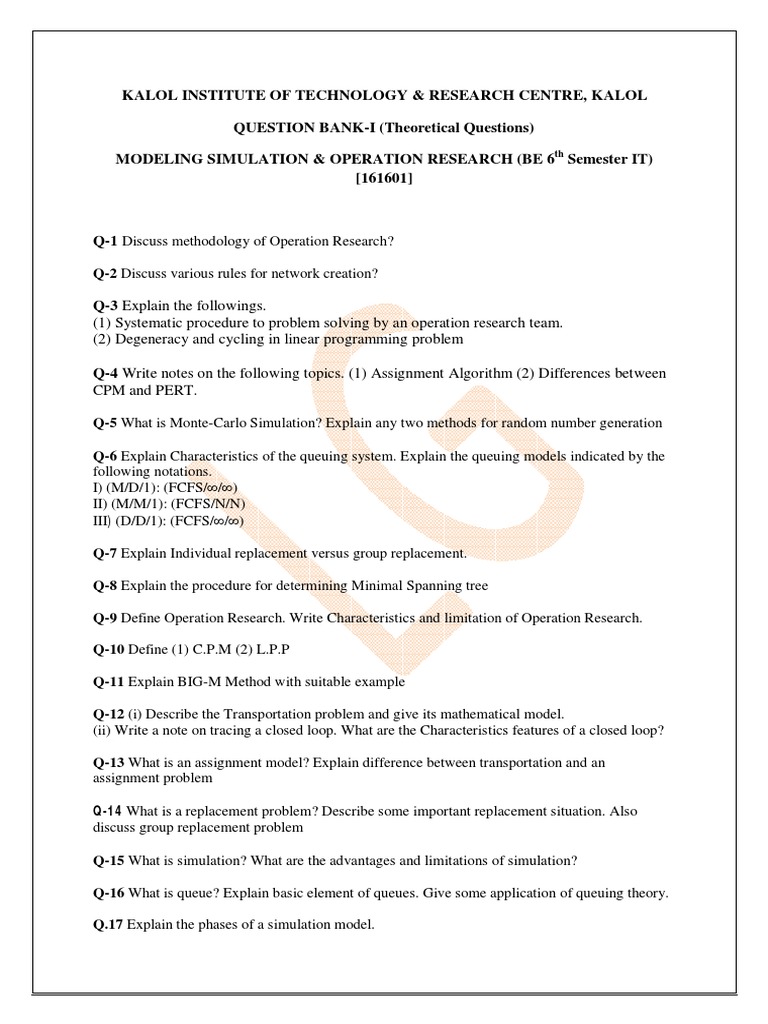 Operation Research Questions Bank for Modeling, Simulation & Queuing ...