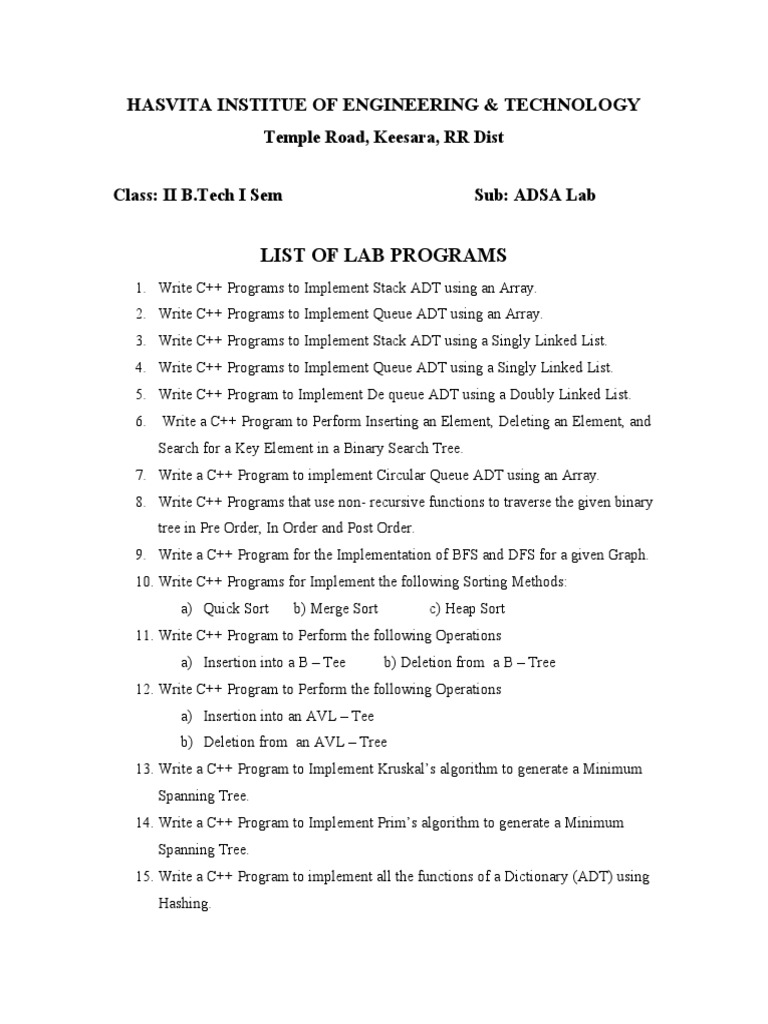 ADSA Lab Programs Overview | PDF