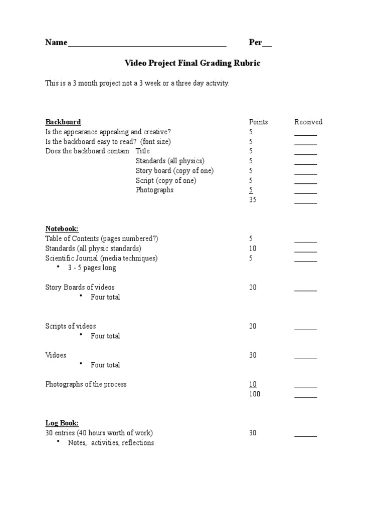 Science Fair: Video Final Grading Rubric | PDF