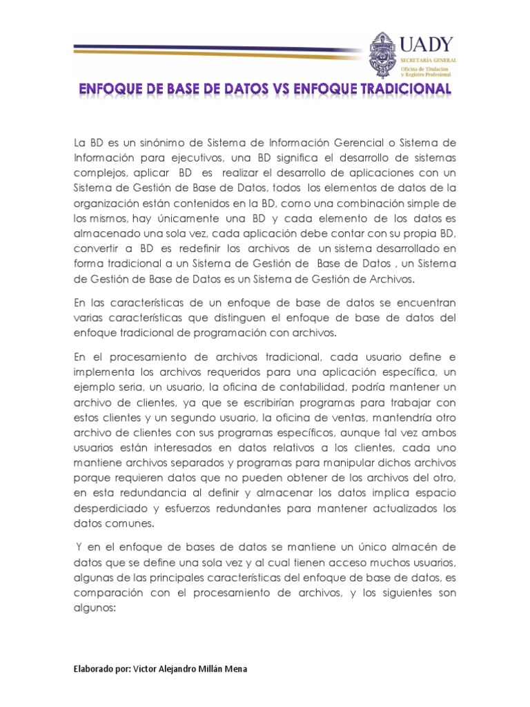Enfoque de Base de Datos Vs Enfoque Tradicional - Millan - Mena ...