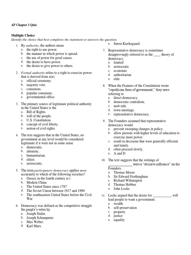 AP Gov Chapter 1 Multiple Choice Quiz | PDF | John Locke | Democracy