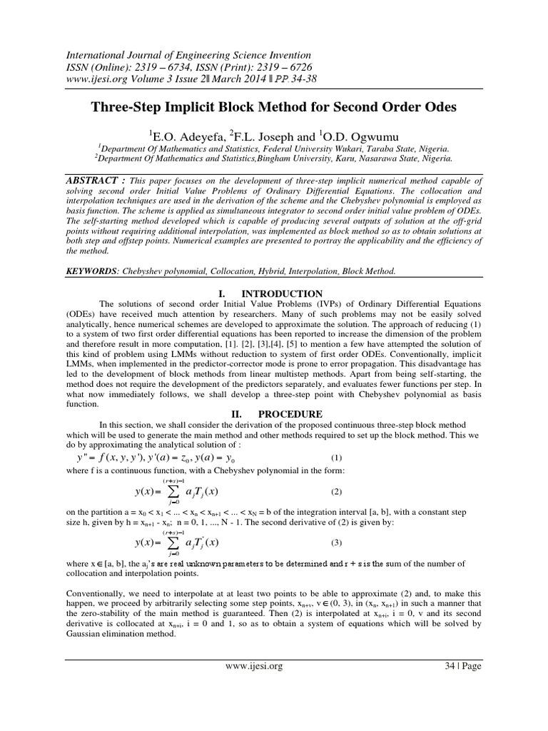 Three-Step Implicit Block Method for Second Order Odes: E.O. Adeyefa, F.L. Joseph and O.D ...