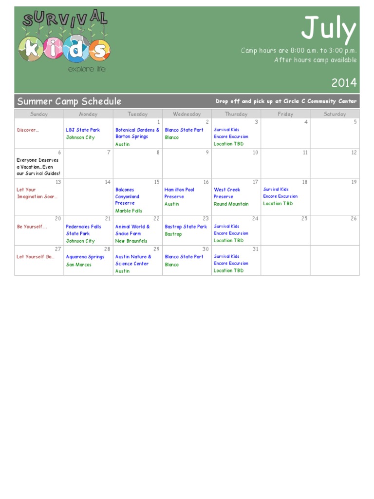 July Summer Camp Schedule 2014 | PDF | Travel