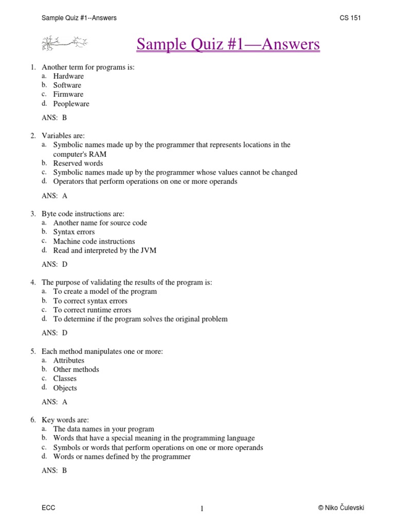 Sample Quiz1 Answersqwdqwd | PDF | Computer Program | Programming