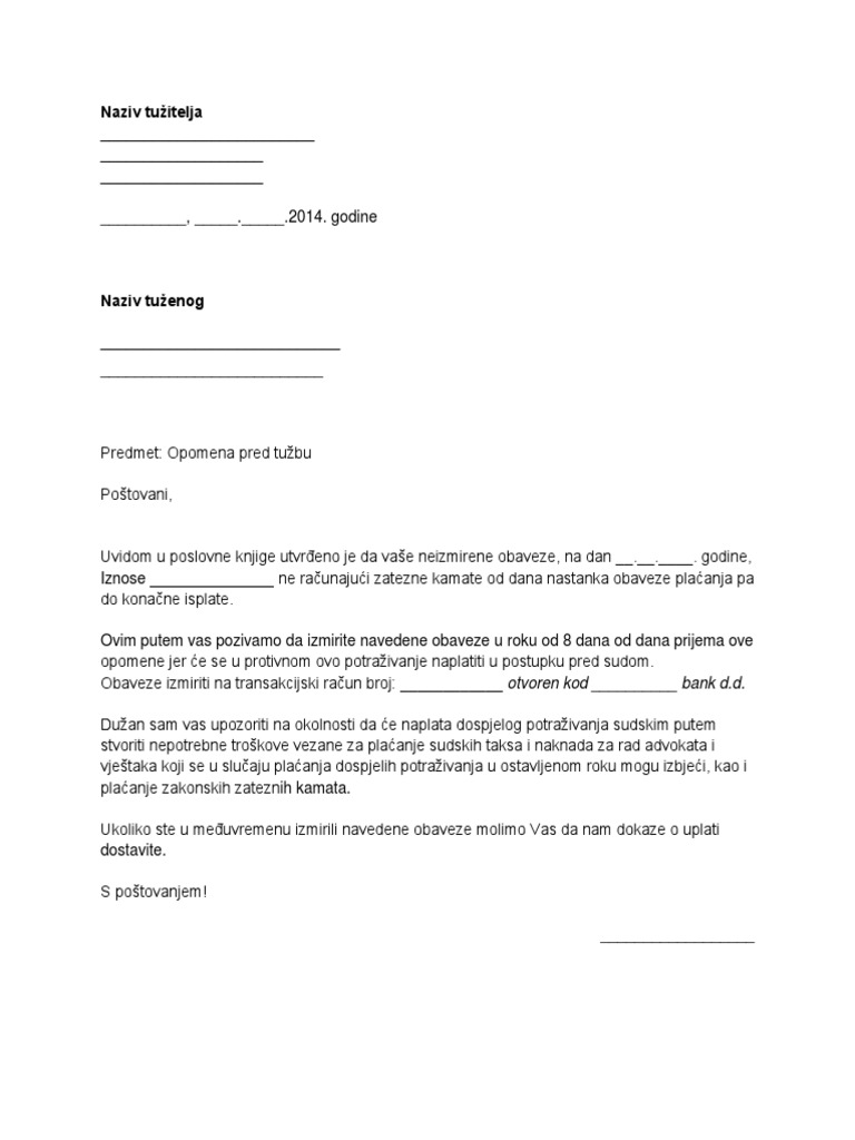 Opomena Pred Tuzbu Primjer | PDF