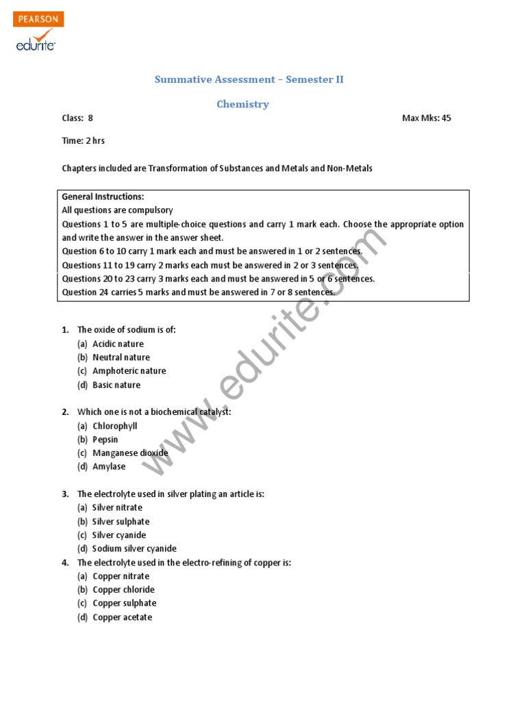 Class 8 Chemistry Term 2 Question Paper | PDF | Chemical Reactions | Redox
