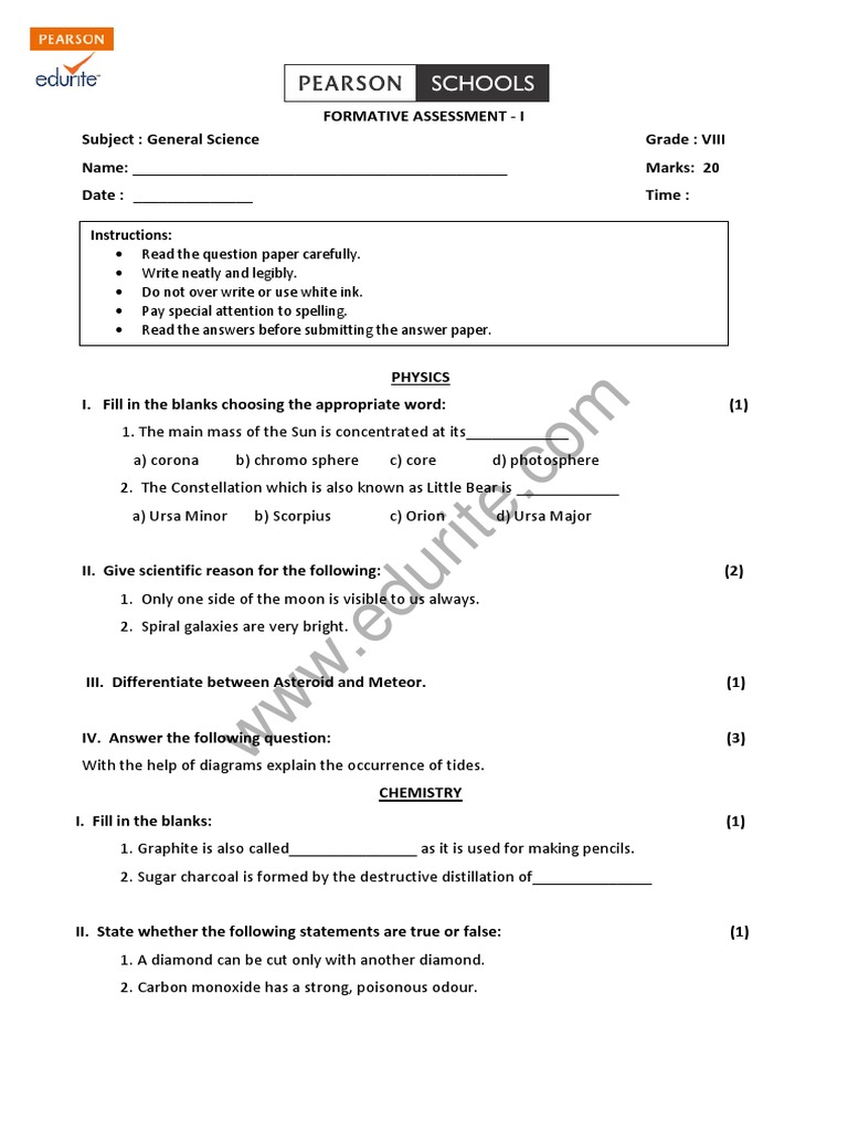 Class 8 Cbse Science Question Paper Fa 1 | PDF | Carbon | Astronomy
