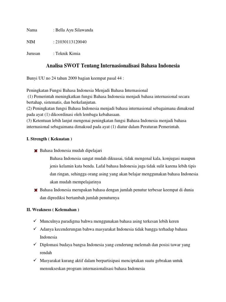 Analisa SWOT Tentang Internasionalisasi Bahasa Indonesia | PDF
