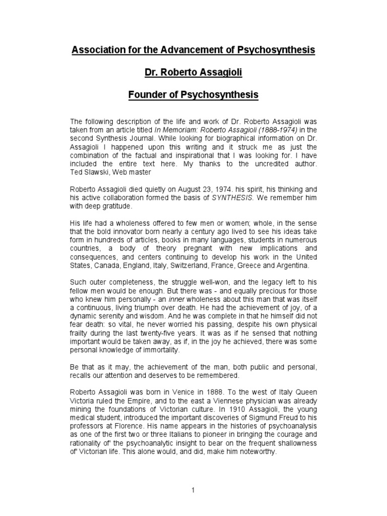 Roberto Assagioli - Founder of Psychosynthesis | PDF | Psychoanalysis ...