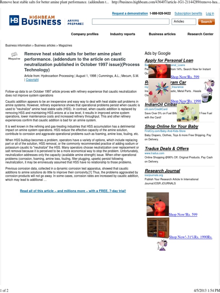 Remove Heat Stable Salts For Better Amine Plant Performance | PDF | Oil ...