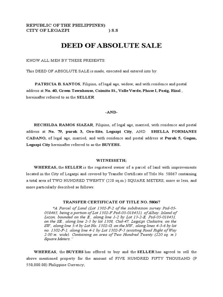 Deed of Absolute Sale (Santos - Siazar) | PDF | Sales | Philippines Deed of Absolute Sale (Santos - Siazar) | PDF | Sales | Philippines