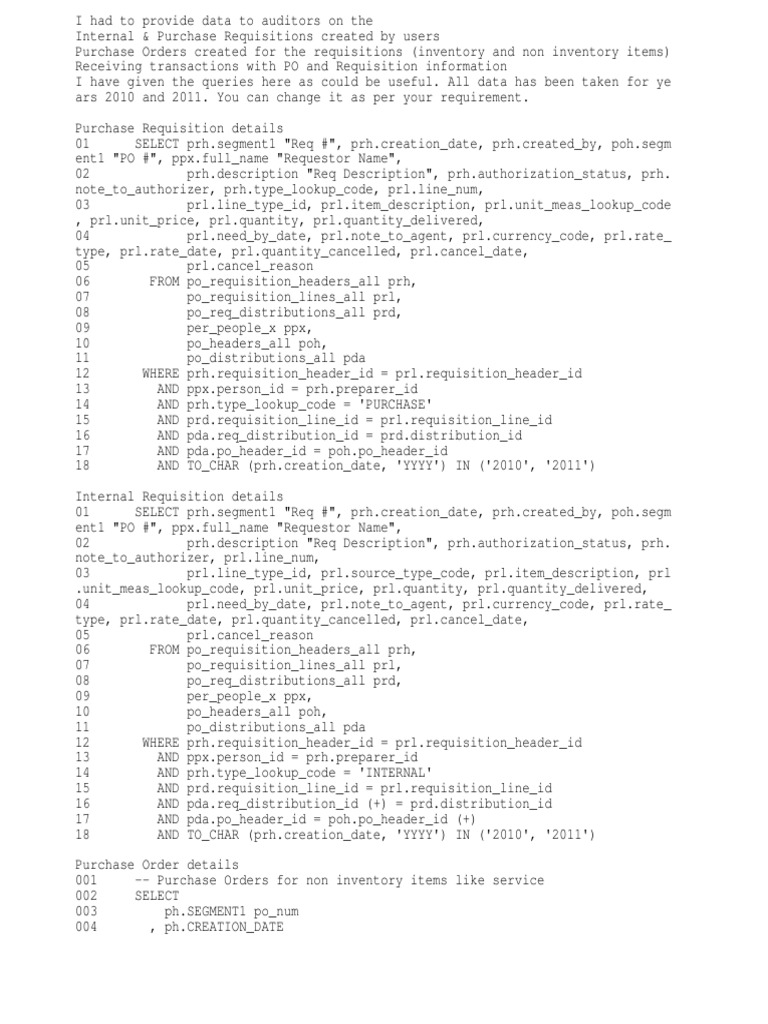 SQL Queries for PO and Requisition Data | PDF | Oracle Database ...