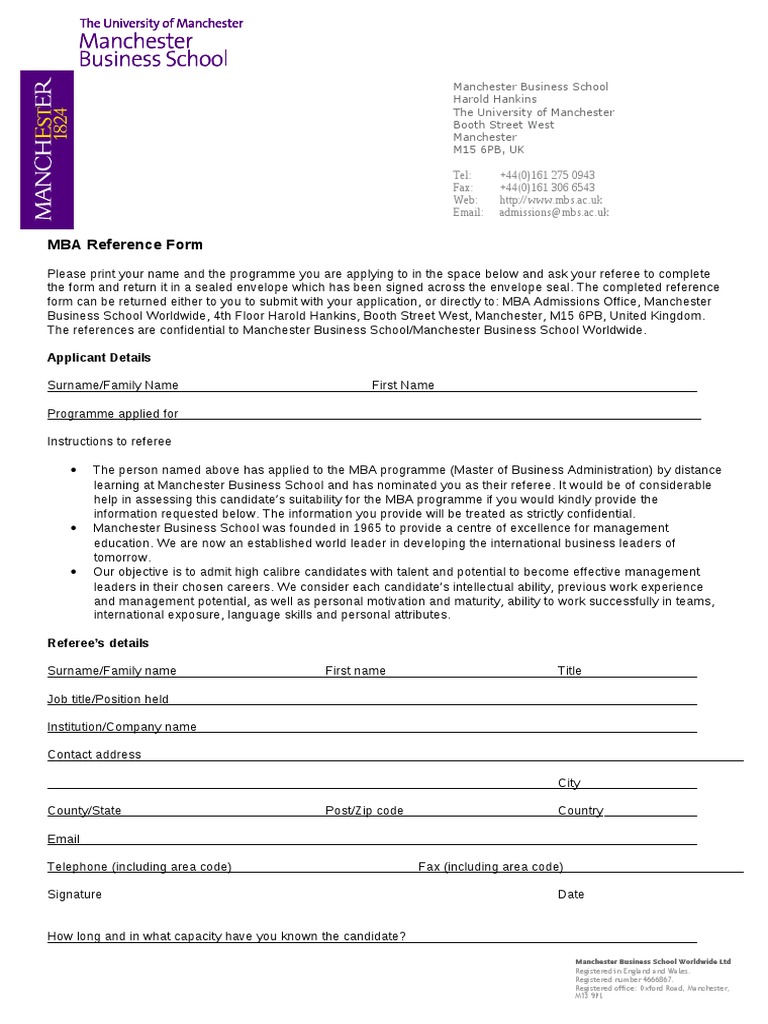 MBA Reference Form: Applicant Details | PDF | Cognition | Further Education