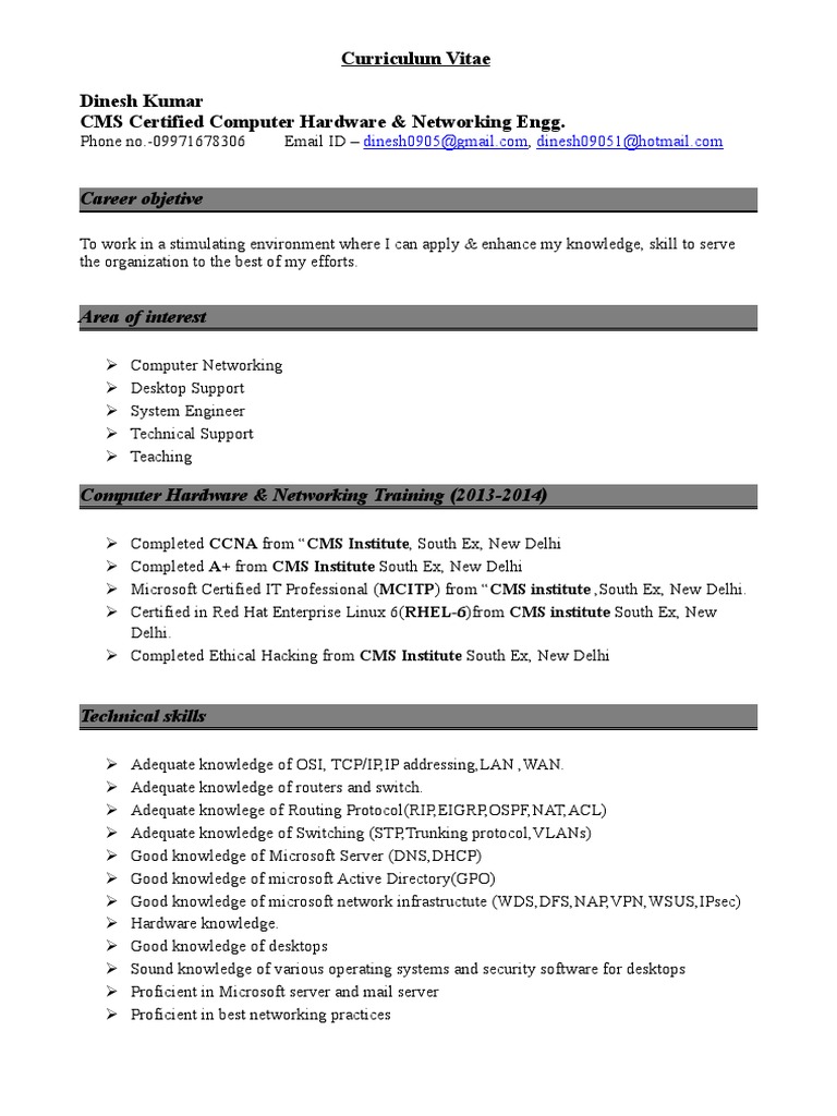 Career Objetive: Curriculum Vitae Dinesh Kumar CMS Certified Computer ...