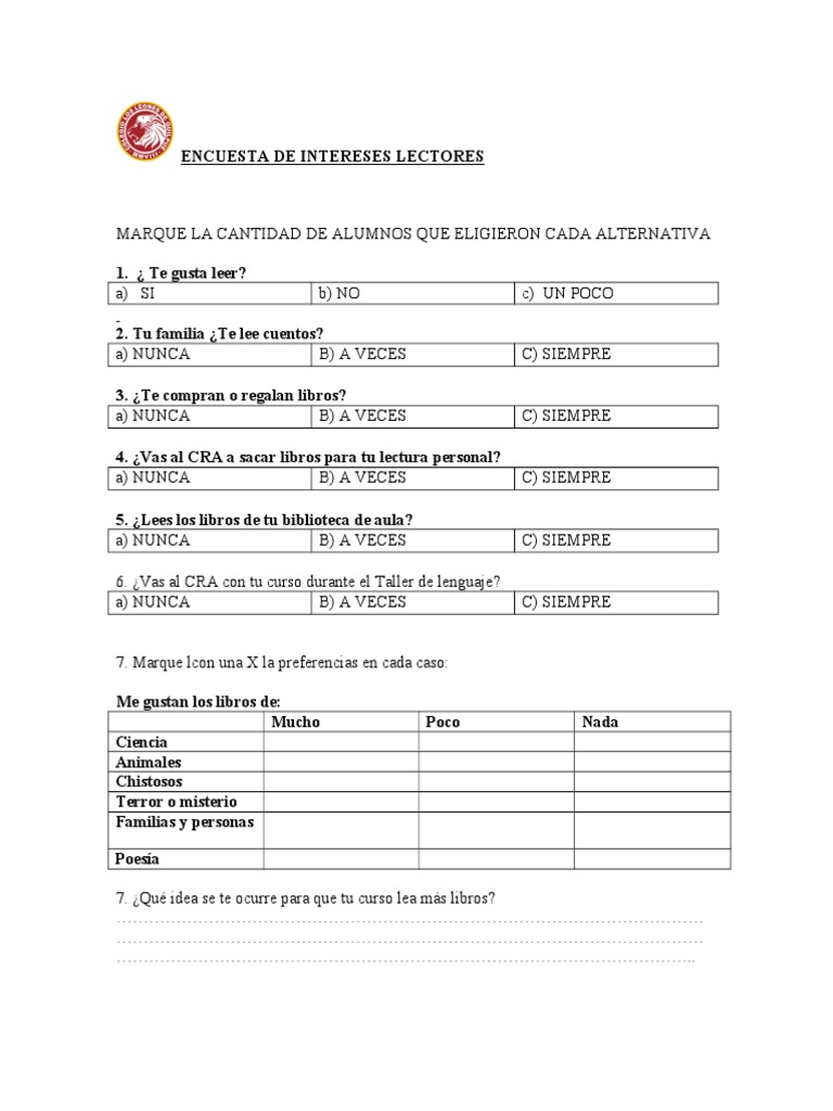 ENCUESTA DE INTERESES LECTORES Curso Chicos 1° y 2° | PDF | Artes del ...