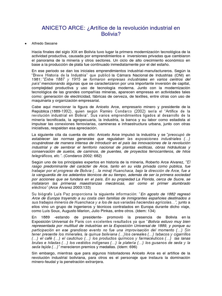 Aniceto Arce Artifice de La Revolucion Industrial en Bolivia | PDF | Bolivia | Minería