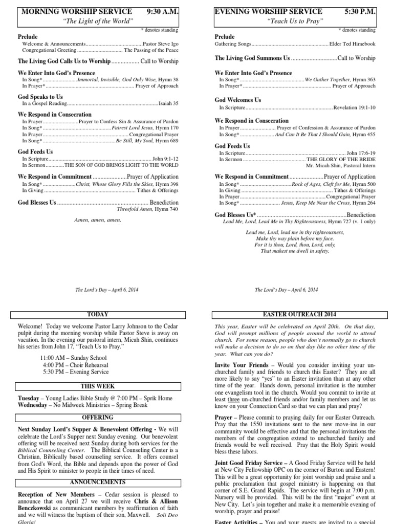 Morning Worship Service 9:30 A.M. Evening Worship Service 5:30 P.M ...