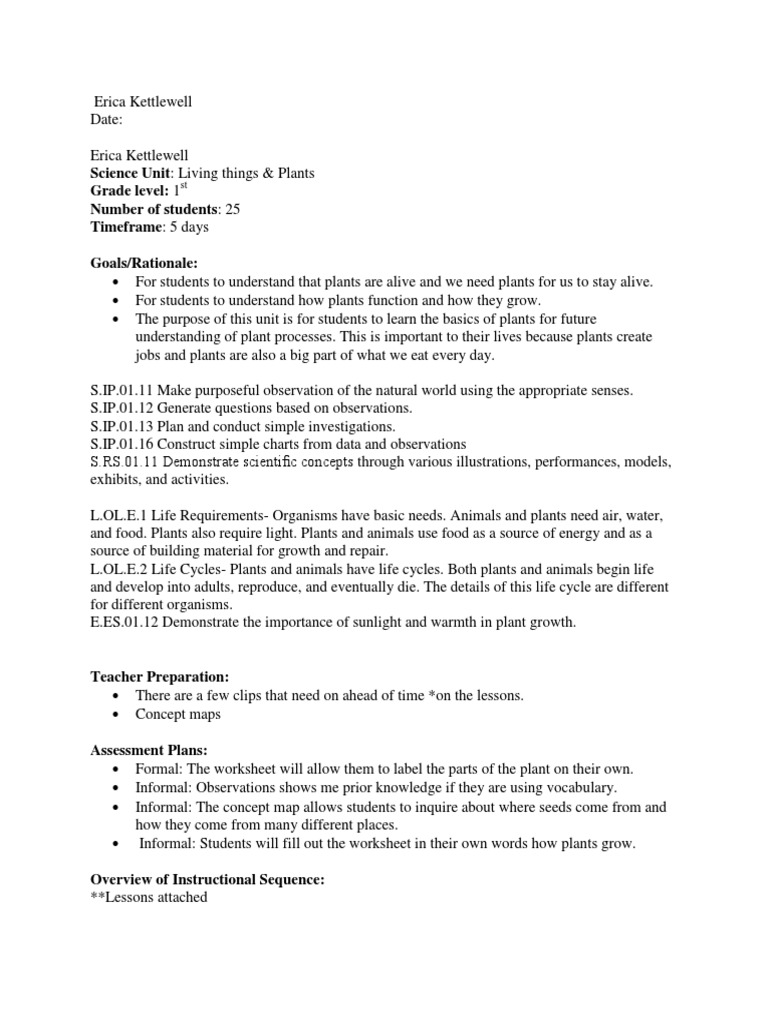1st Grade Plant Science Unit Plan | PDF | Plants | Understanding