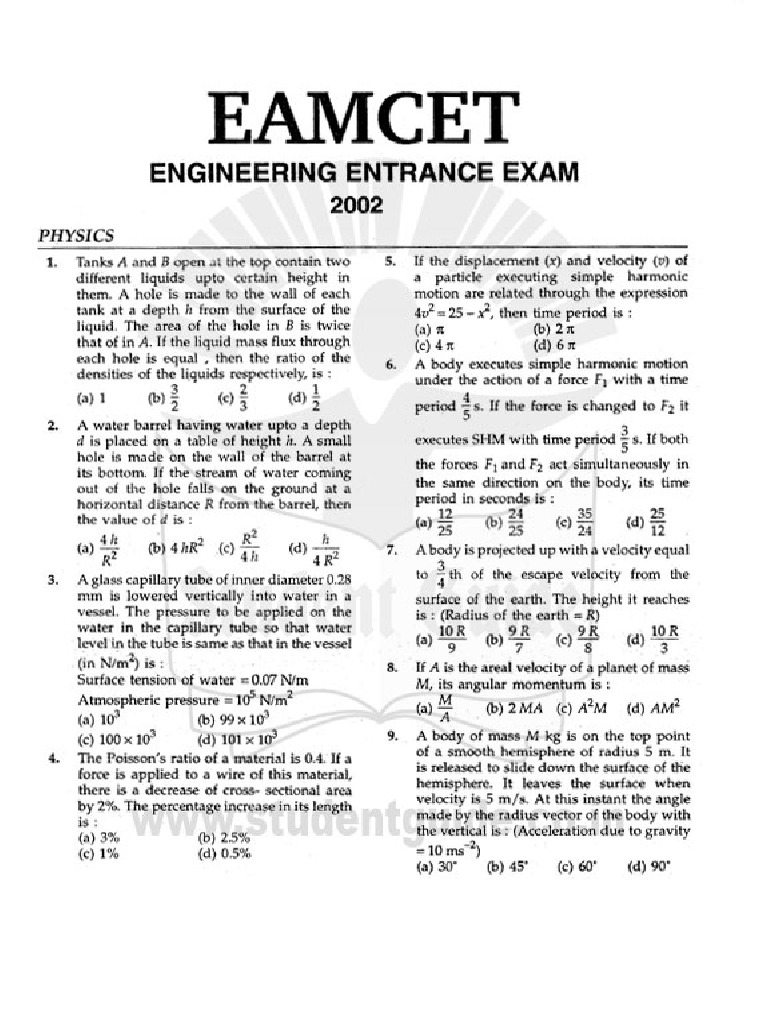 Eamcet 2002 Engineering Paper | PDF
