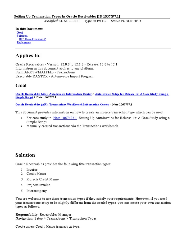 Setting Up Transaction Types in Oracle Receivables | PDF | Receipt ...