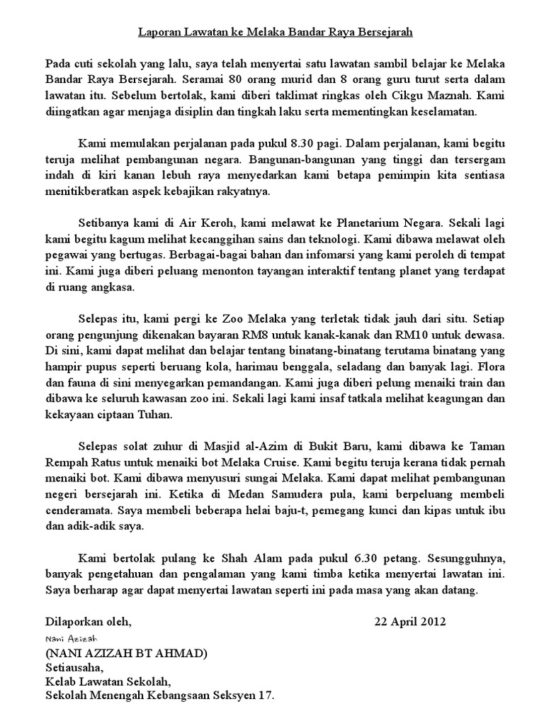 Laporan Lawatan Sambil Belajar Ke Melaka Pdf