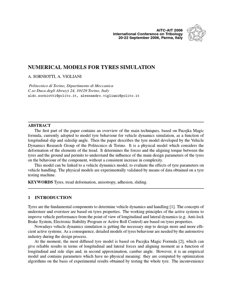 Numerical Models For Tire Simulation | PDF | Tire | Friction