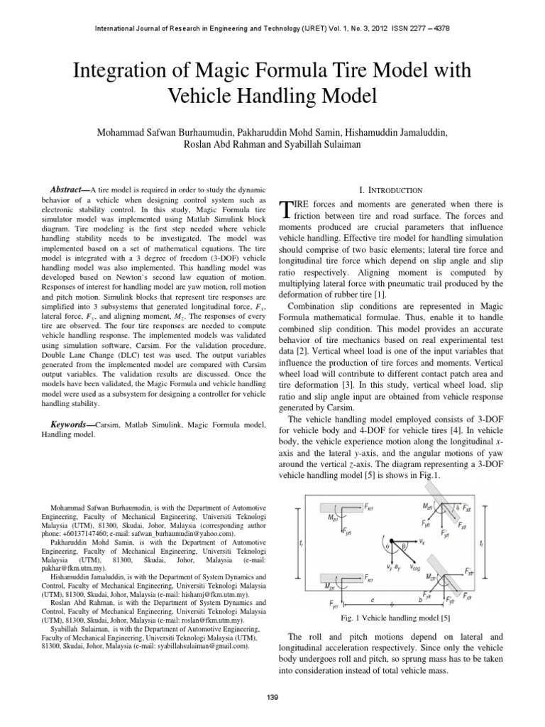 Integration of Magic Formula Tire Model With Vehicle Handling Model ...