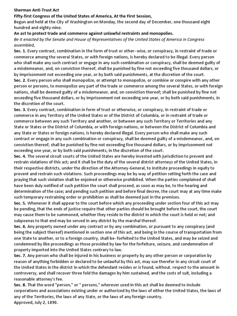 Sherman Anti-Trust Act | PDF | United States Antitrust Law | Sherman ...