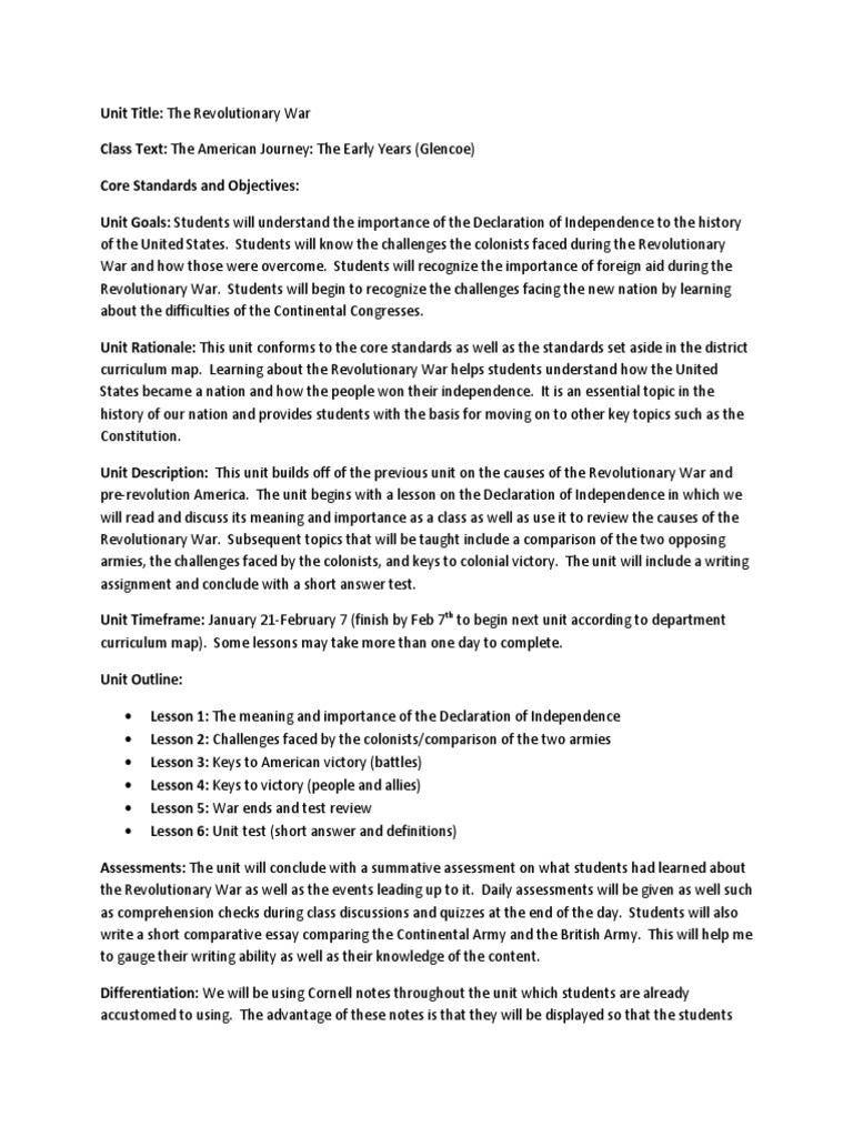 Revolutionary War Unit Plan | PDF | American Revolutionary War | Curriculum