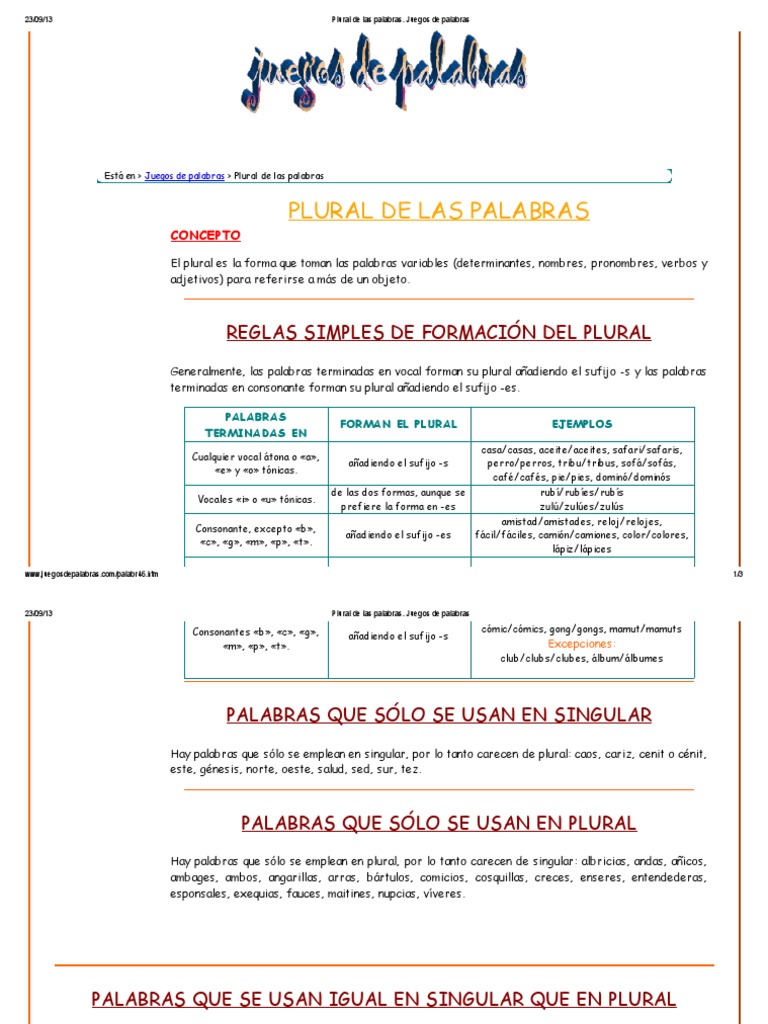 Plural de Las Palabras | PDF | Plural | Tipología Lingüística