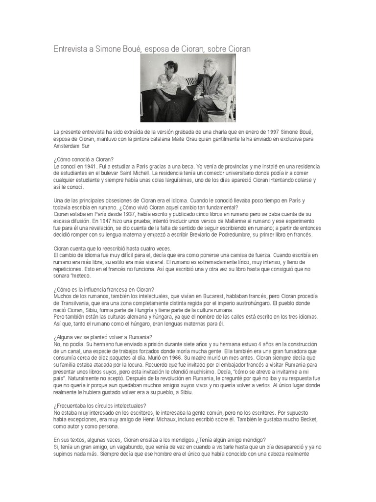 Entrevista A Simone Boué ESPOSA CIORAN | PDF | Rumania | Hungría