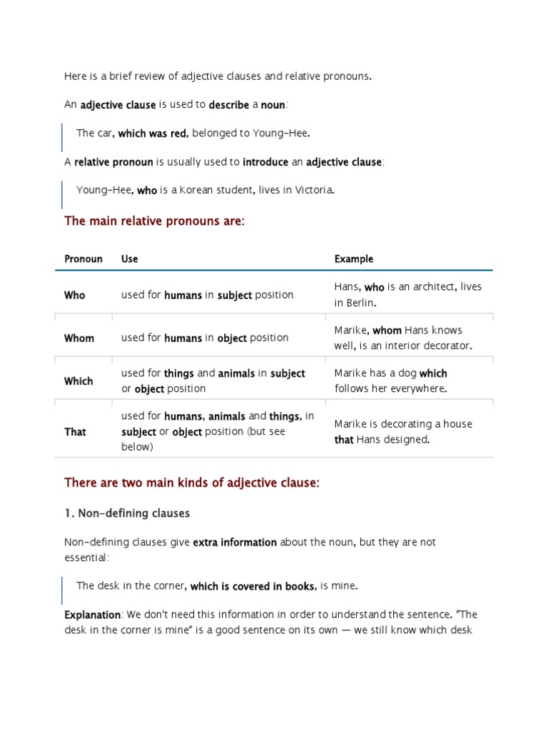 Adjective Clauses and Relative Pronouns | PDF | Pronoun | Adjective