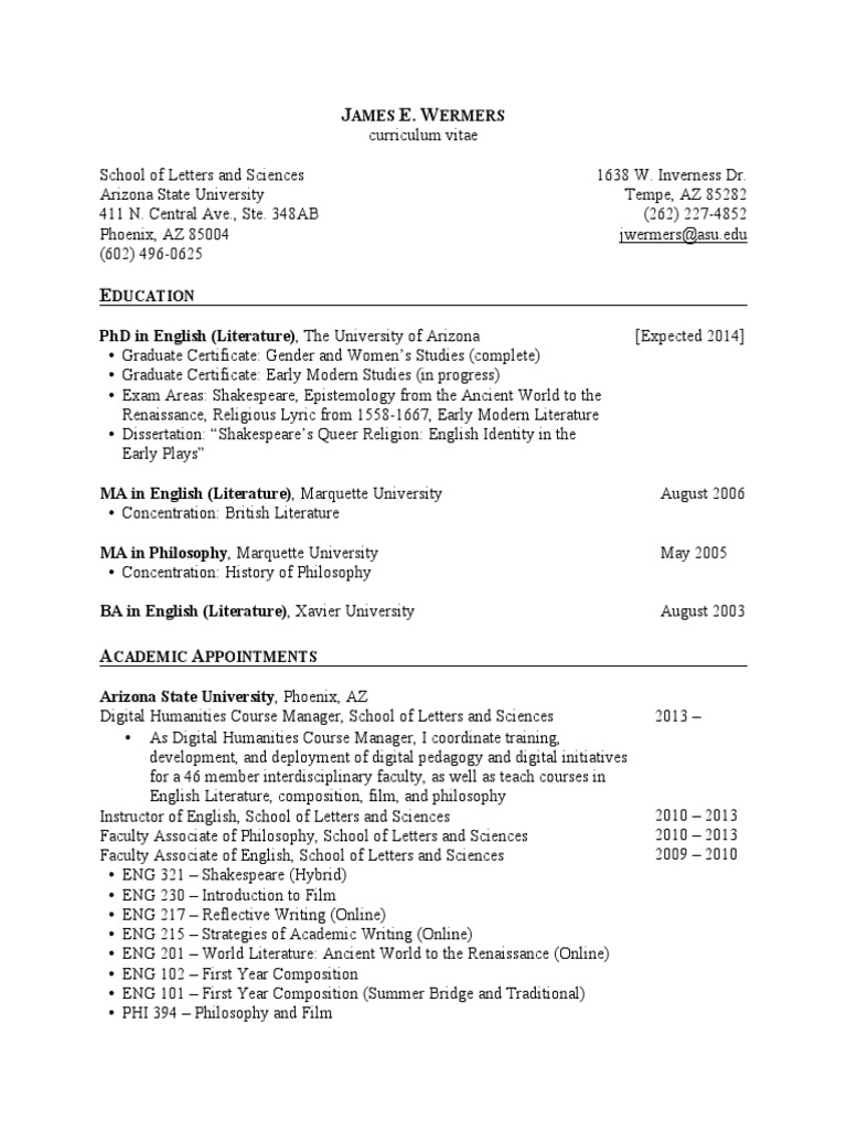 Abridged CV | PDF | Arizona State University | Postgraduate Education