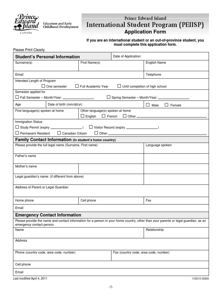 PEI International Student Program Application Form.pdf | Tuition ...