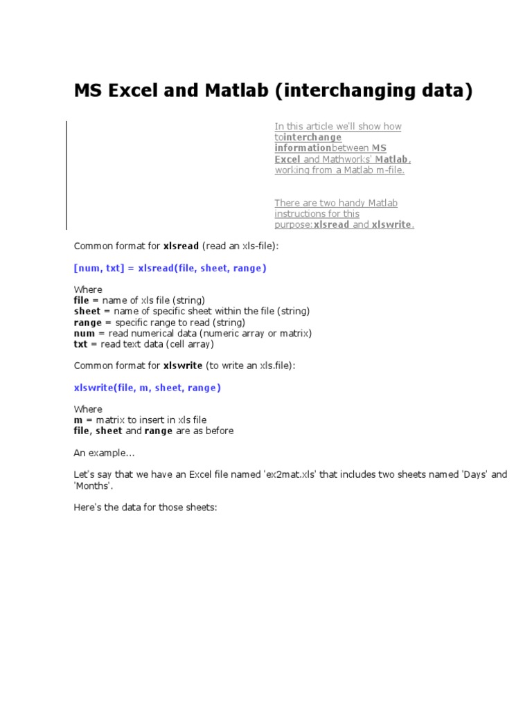 Excel-Matlab Data Exchange Guide | PDF | Teaching Methods & Materials