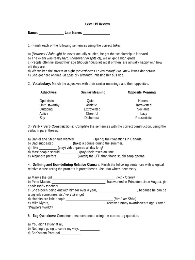 Level 15 English Language Review | PDF | Language Arts & Discipline