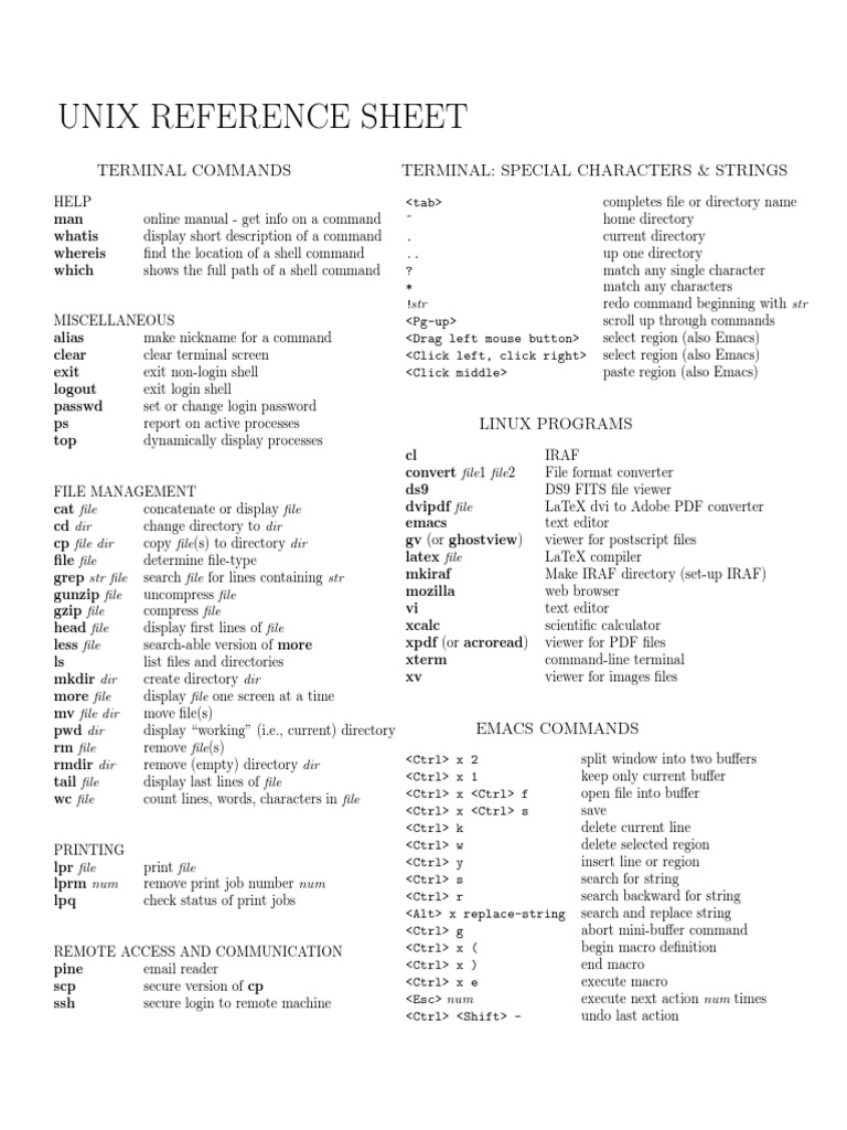 Unix Reference Sheet: Terminal Commands Terminal: Special Characters & Strings | PDF | Command ...