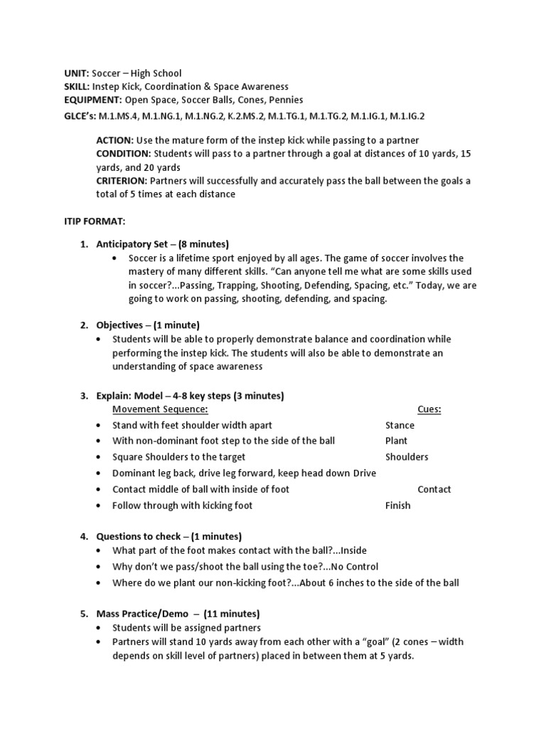 Secondary Lesson Plan - Soccer Instep Kick | PDF | Teams | Association ...