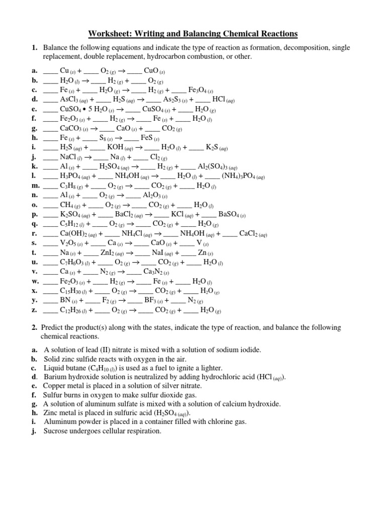 Worksheet - Balancing Chemical Equations With Type of Reaction | PDF ...