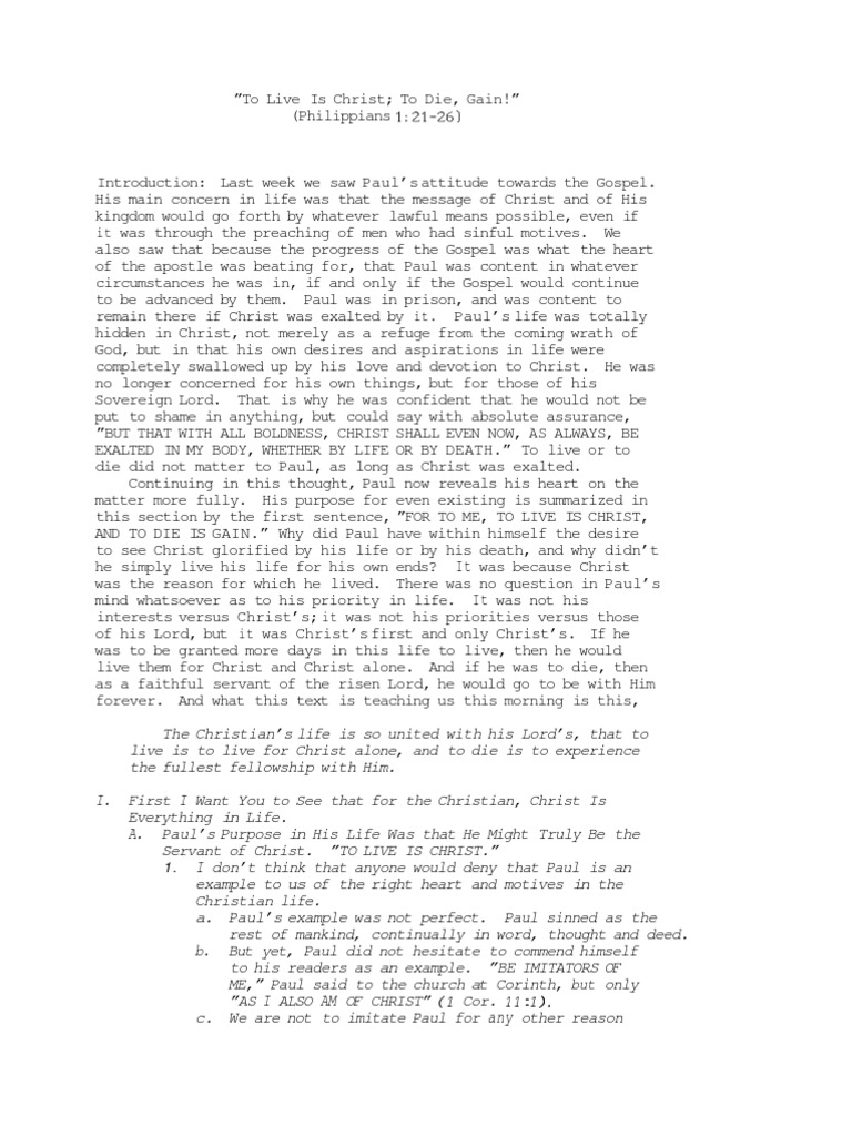 To Live Is Christ To Die Gain Pdf Paul The Apostle The Gospel