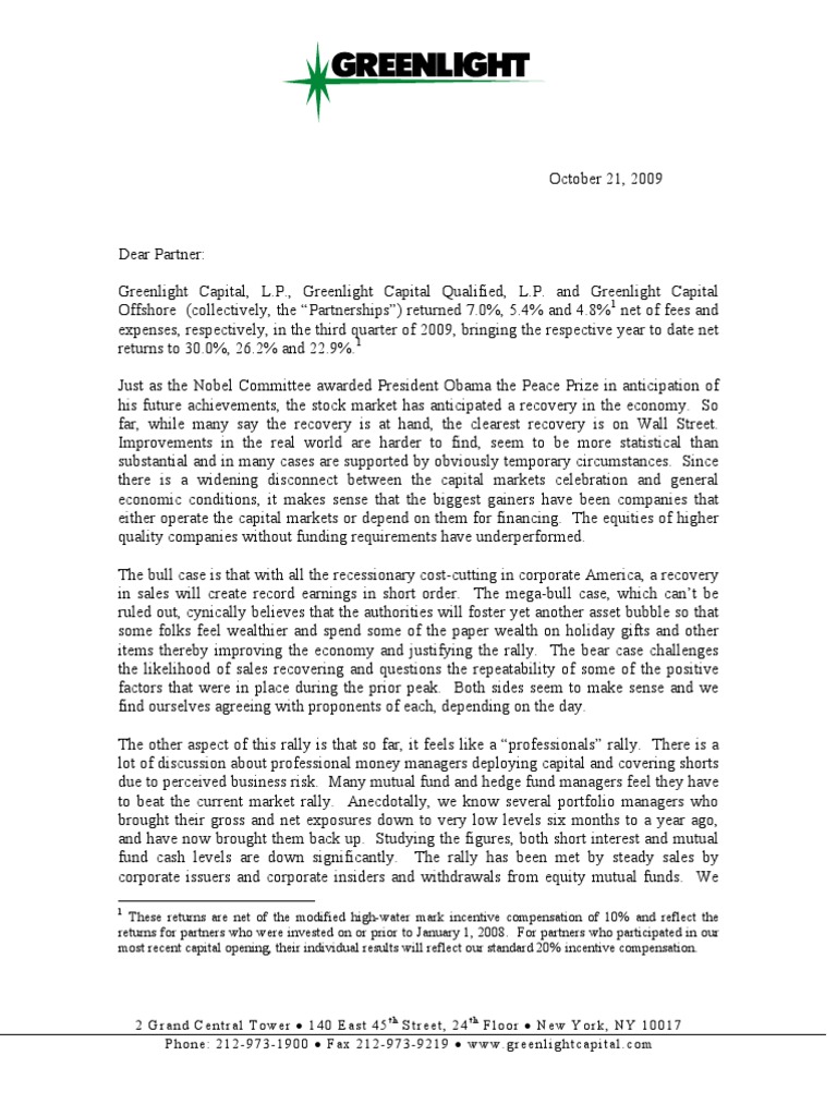 David Einhorn's Greenlight Capital Q3 Letter | PDF | Bonds (Finance ...