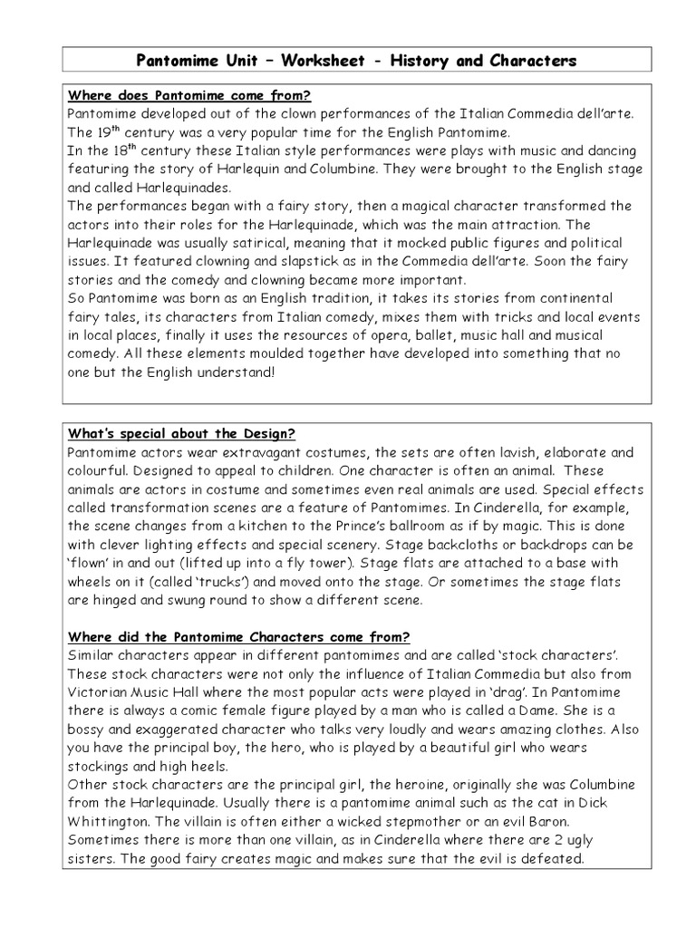 Pantomime: History and Character Overview | PDF | Theatre | Performing Arts