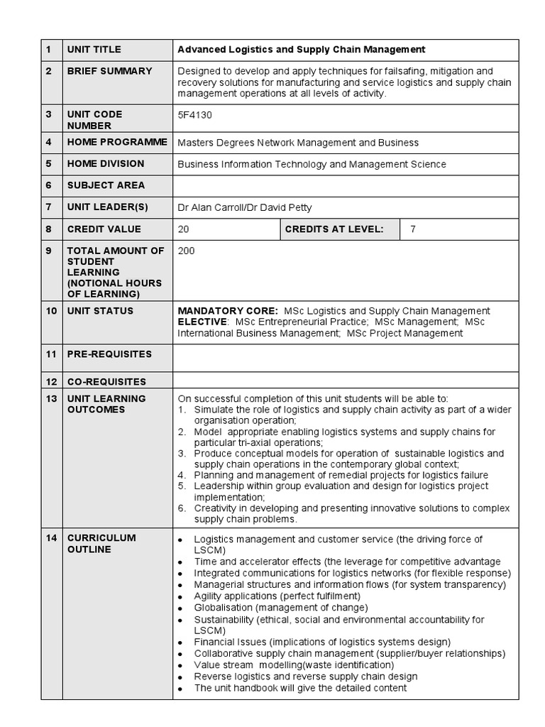 Advanced Logistics and Supply Chain Management | PDF | Supply Chain ...