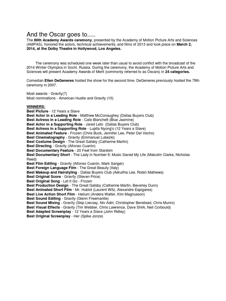 2014 Oscars: Winners and Highlights | PDF