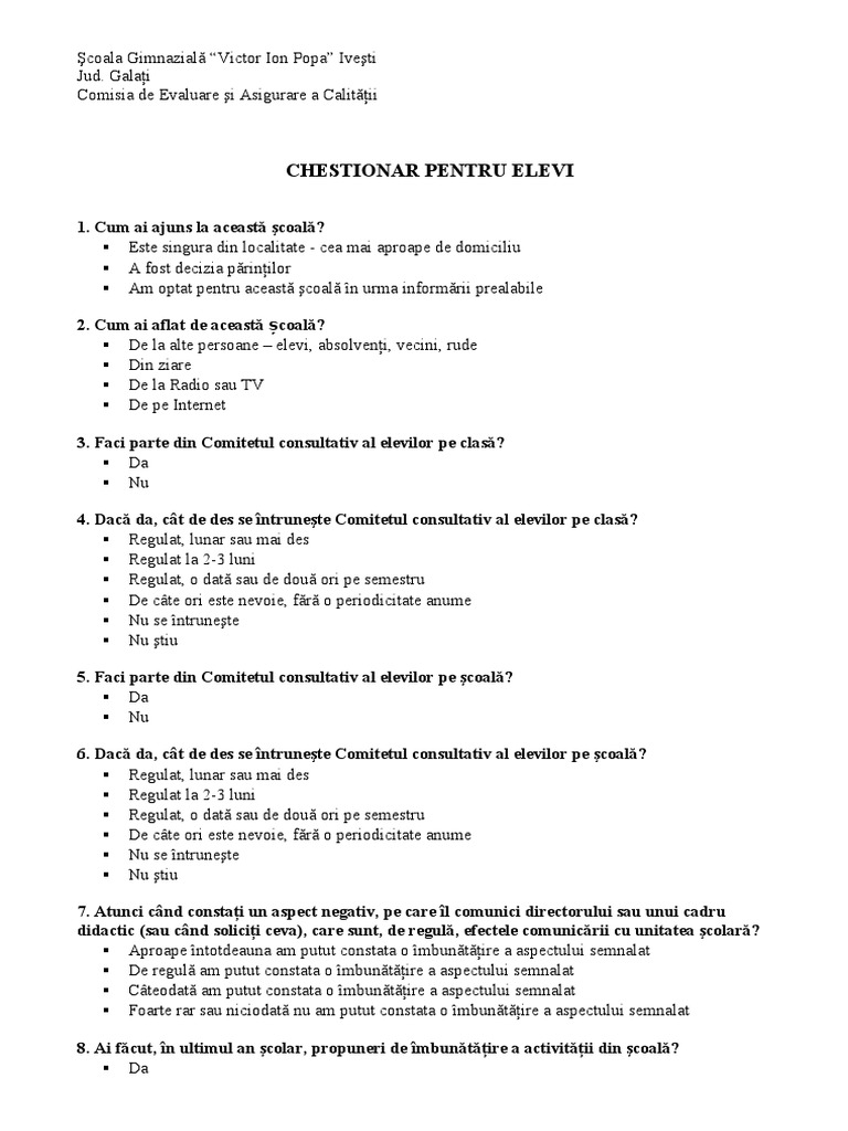 Chestionar Pentru Elevi Aracip