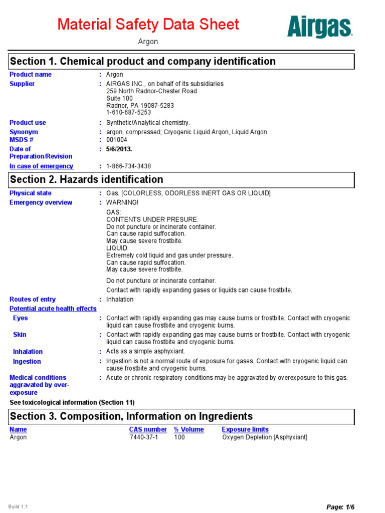 Msds Argon | Dangerous Goods | Firefighting