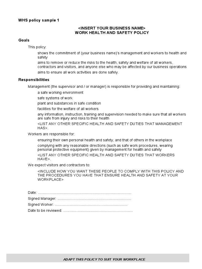 Work Health and Safety Policy Samples | PDF | Occupational Safety And ...